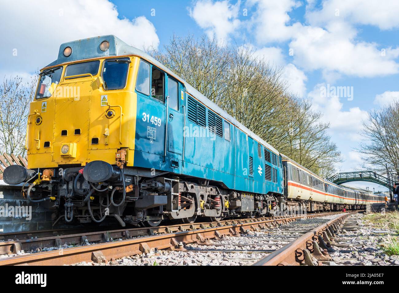 An imposing low angle view of a British Rail Class 31 diesel locomotive ...