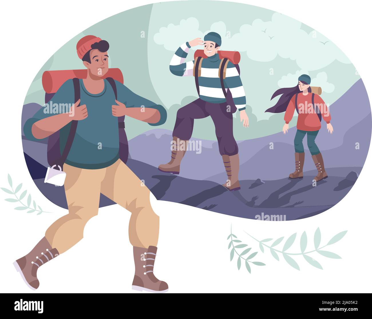 Cartoon outdoor composition with group of hikers wearing backpacks ...