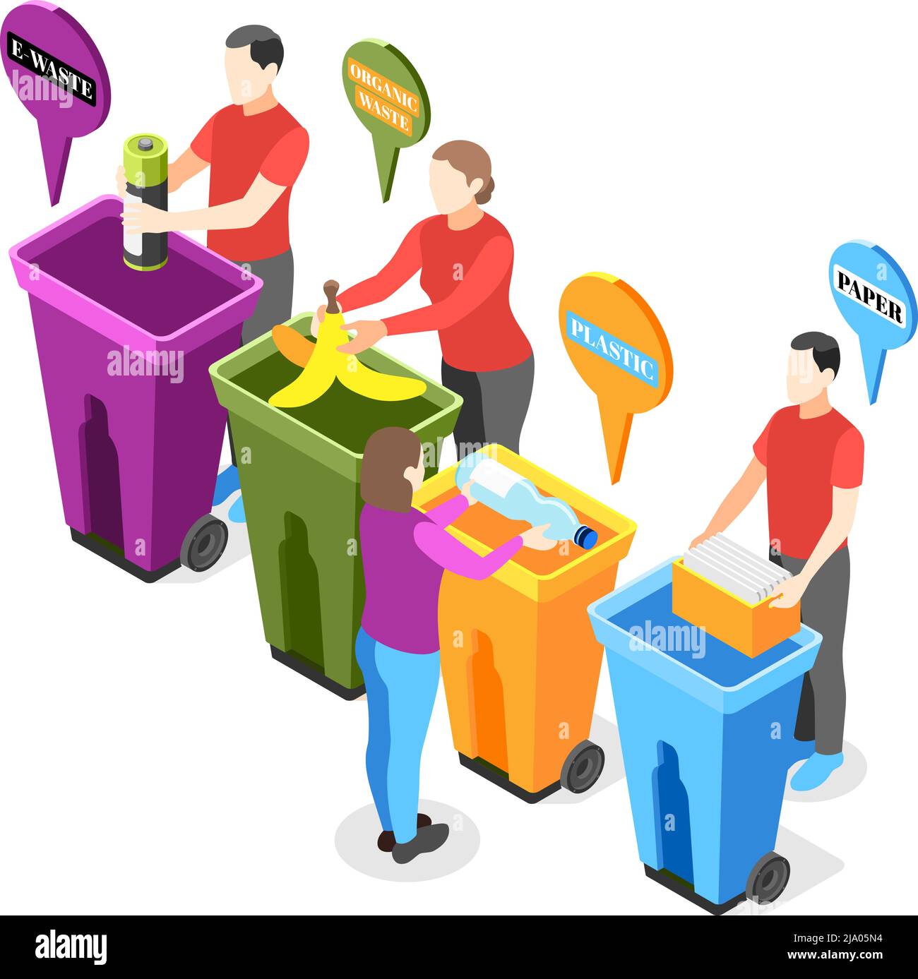 Electronic garbage isometric composition with human characters putting ...
