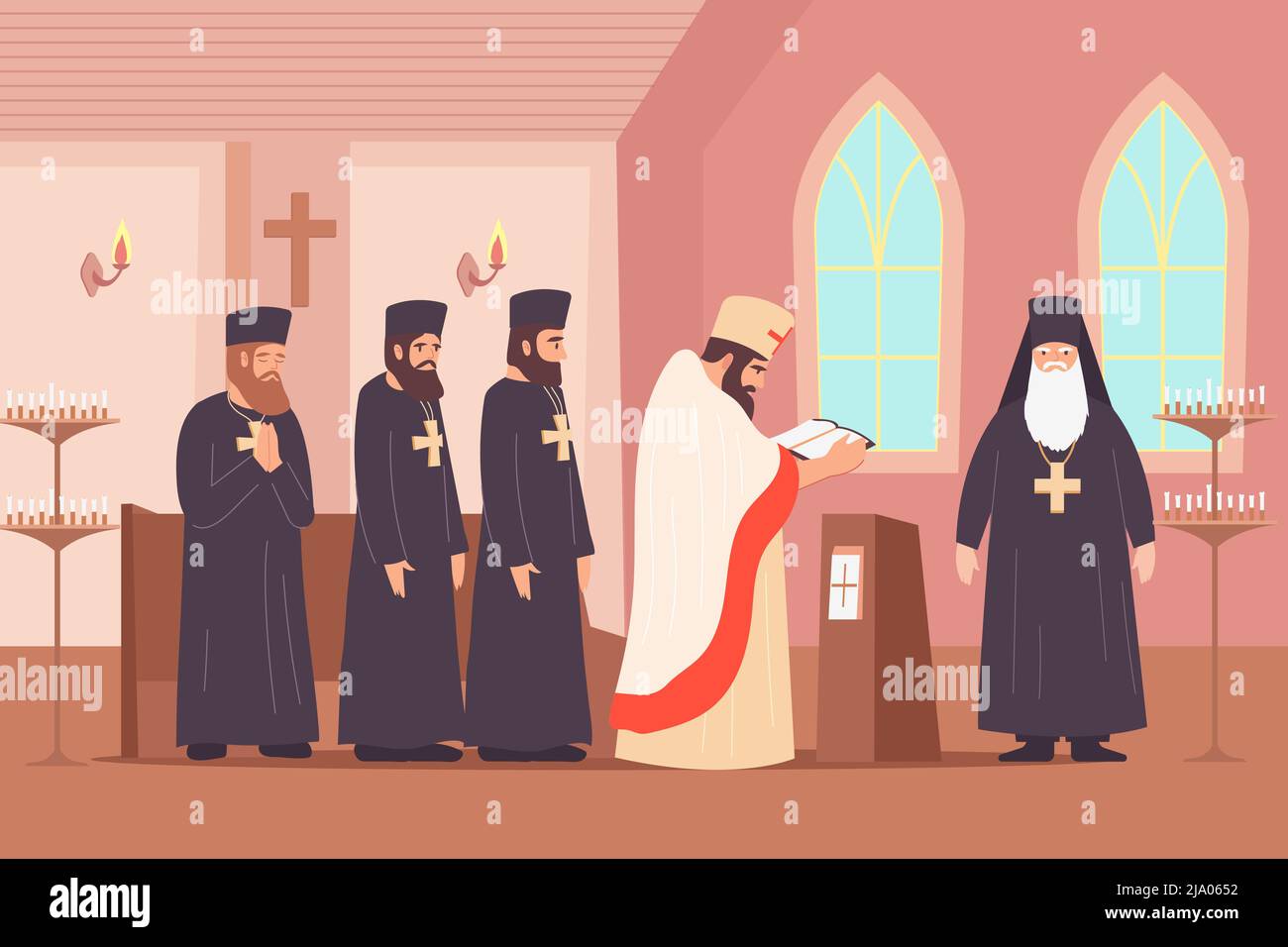 Christianity religion flat composition with indoor scenery of chapel ...