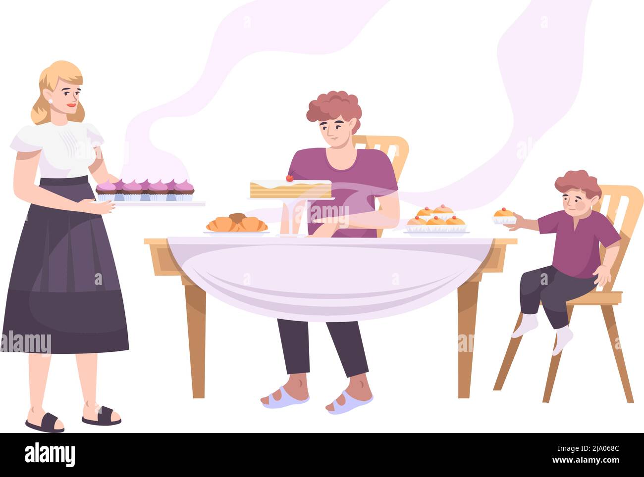 Bakery set flat composition with view of family members at table with ...