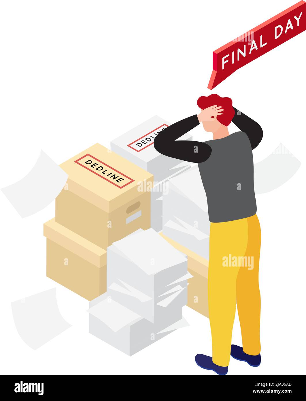 Frustrated person looking at piles of papers before deadline 3d ...