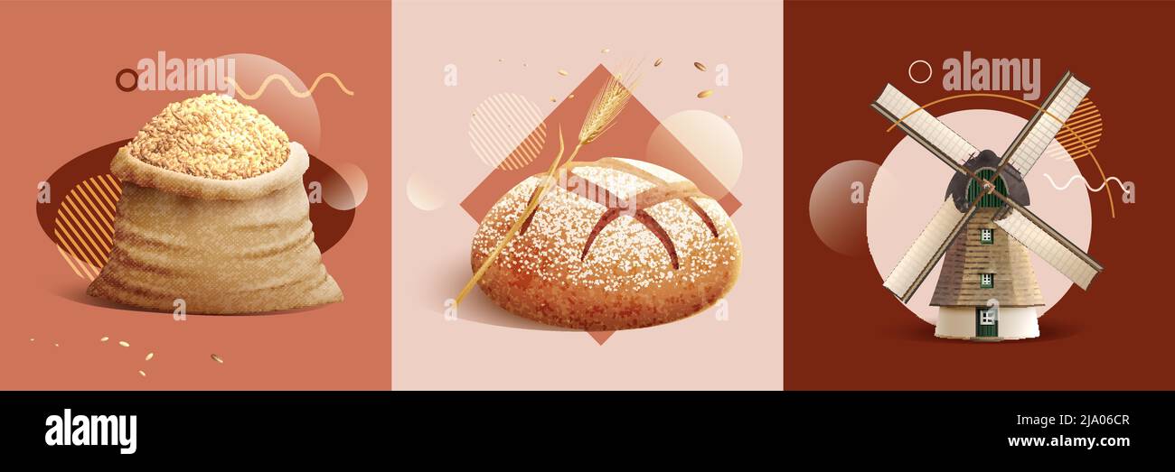 Realistic bread design concept with square compositions of wheat sacks ...