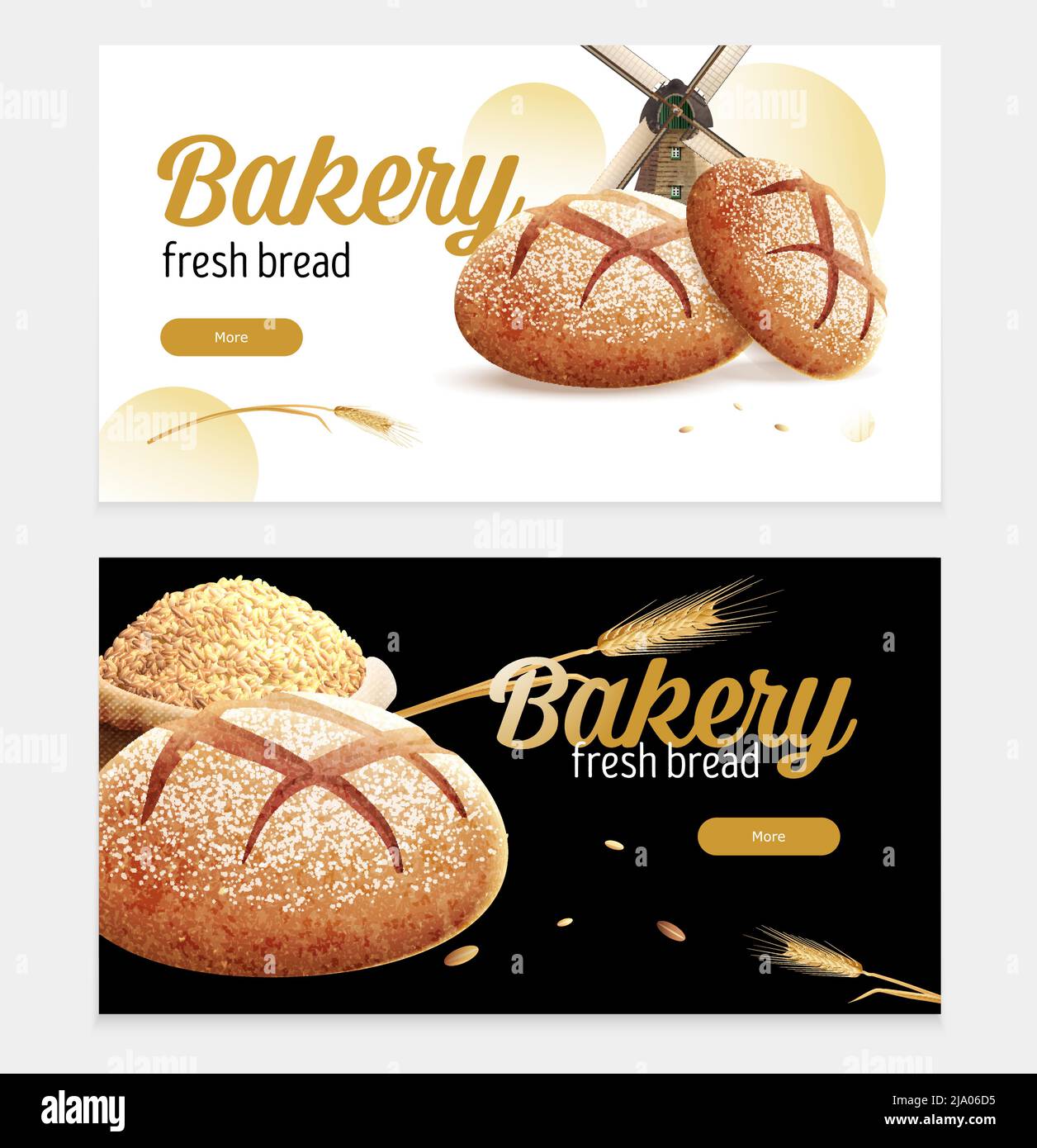 Realistic bread set of two horizontal banners with ornate text buttons ...