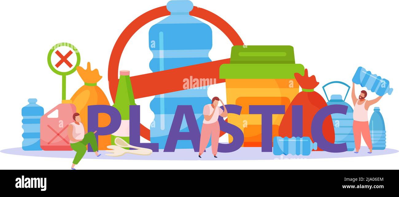 Self care flat concept with big plastic bag and abstract plastic ...