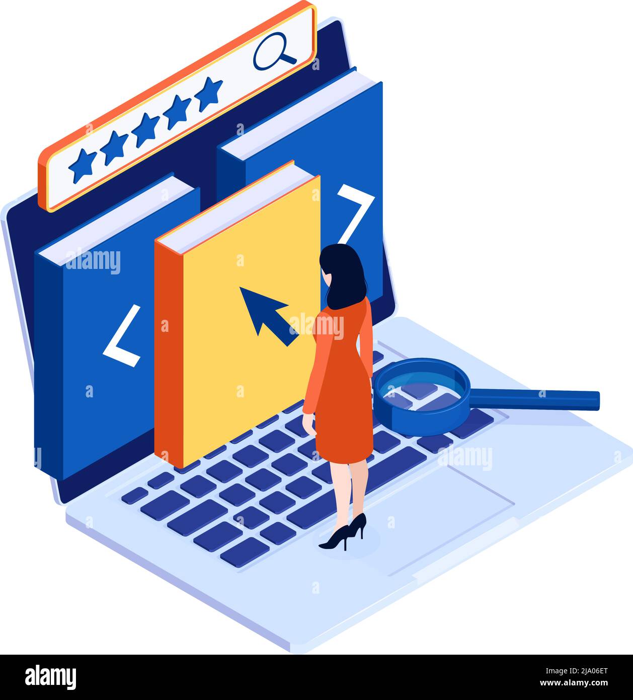 Isometric concept of searching books in online library with colorful ...