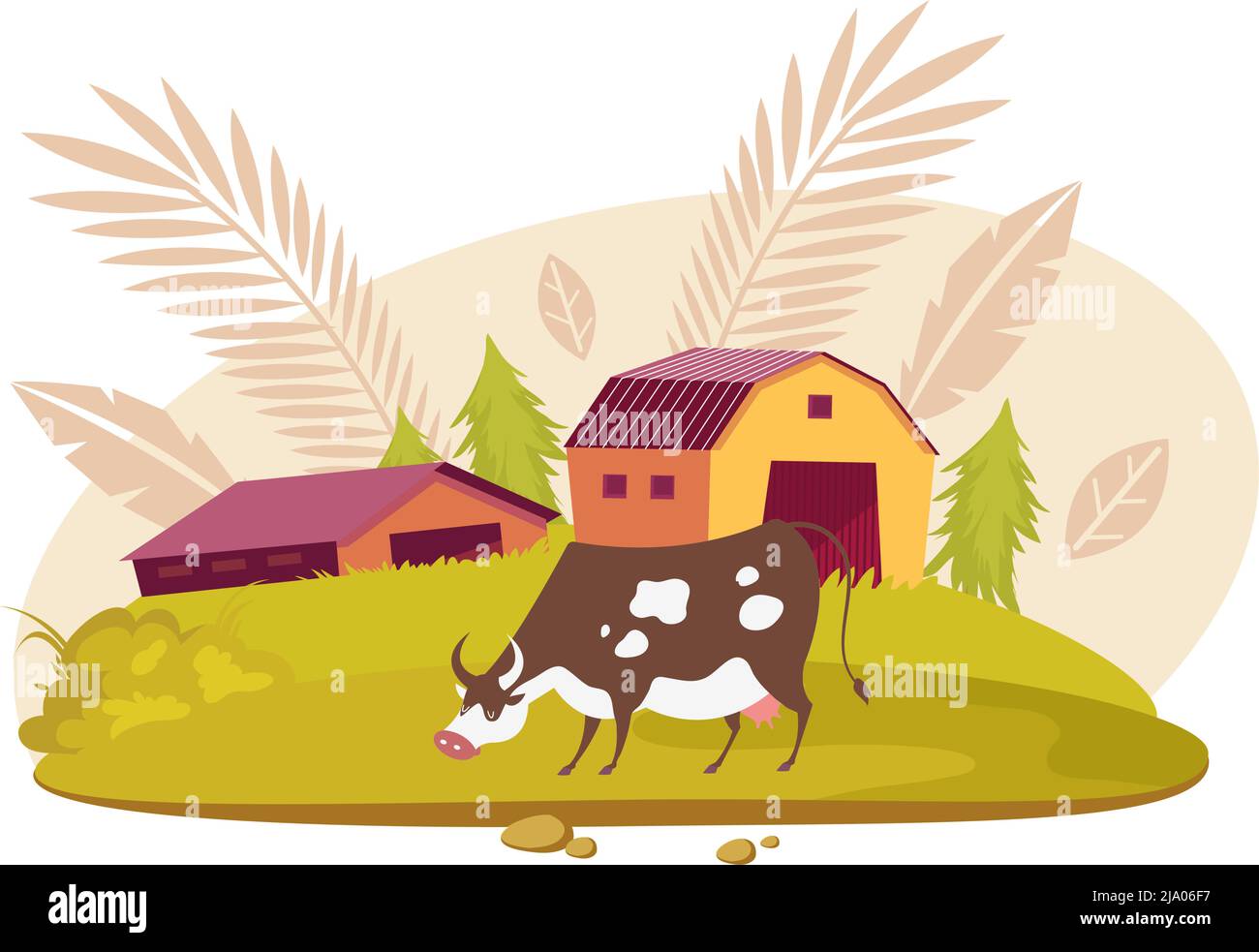 Flat cow grazing on green field next to farm house vector illustration ...