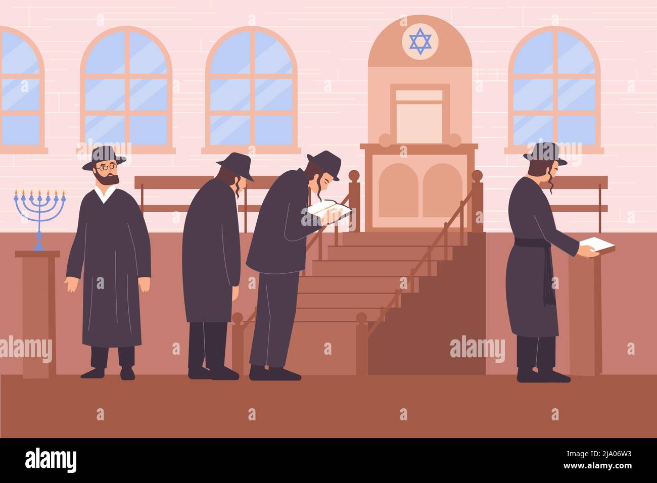 Judaism religion flat composition with view of synagogue with star of ...