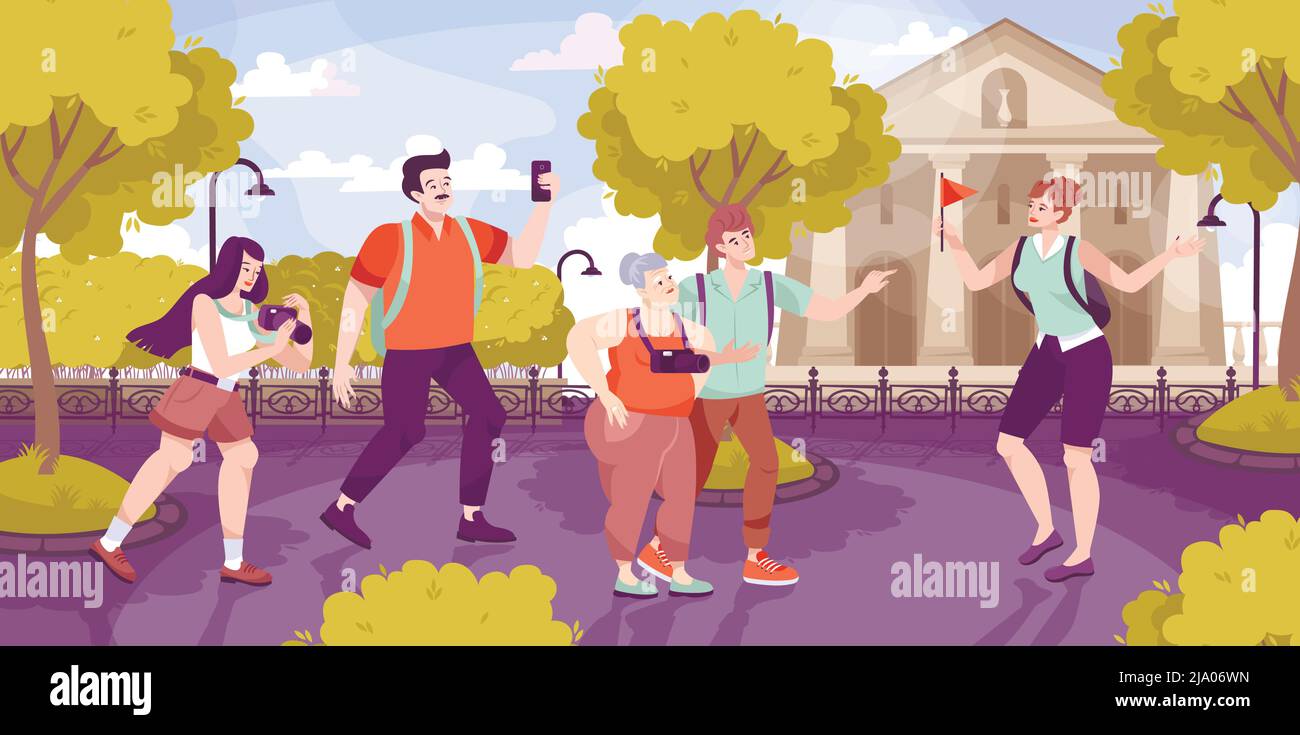 Guide excursion flat composition with group of tourist characters and ...
