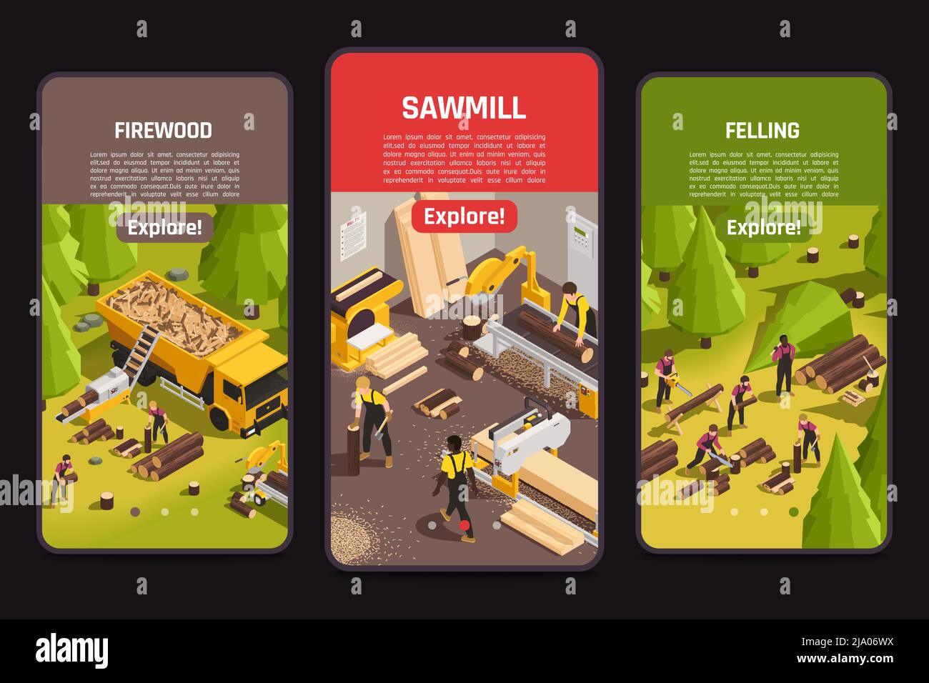 Isometric banners with sawmill process of felling and firewood cutting ...