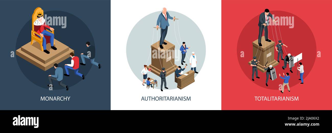 Isometric political systems design concept with text captions and ...