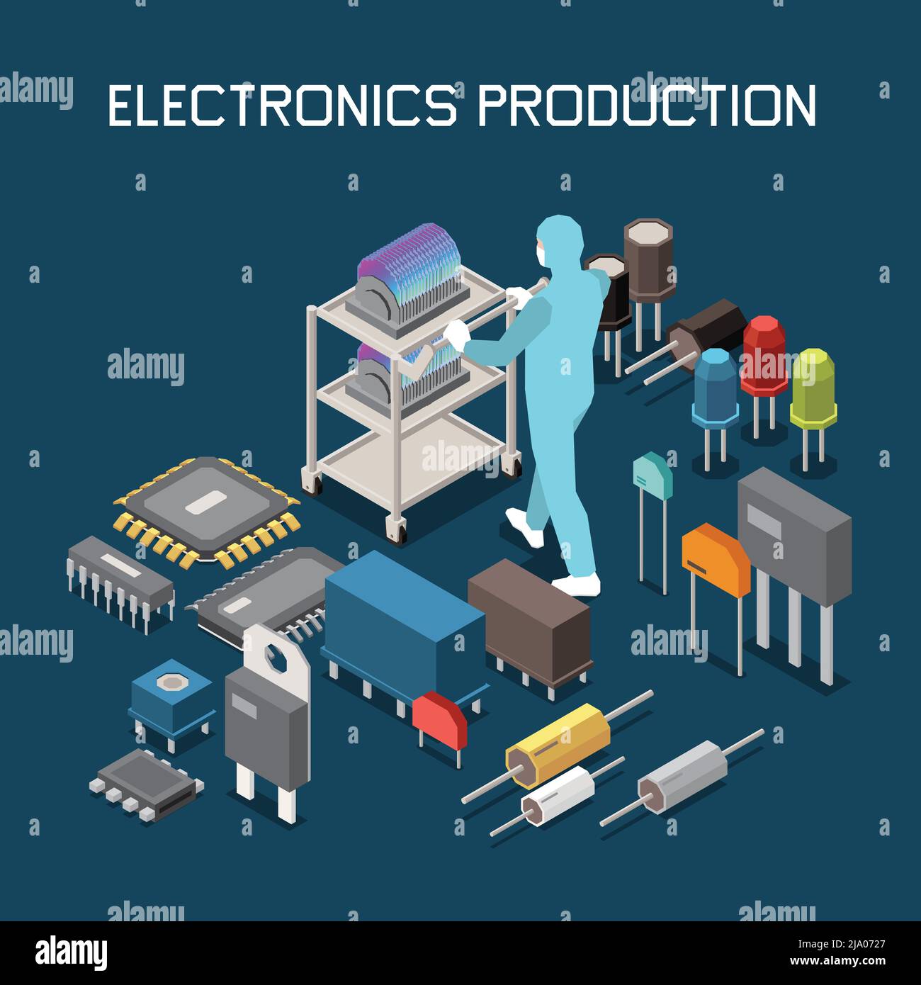 Semiconductor chip production isometric composition with icons of ...