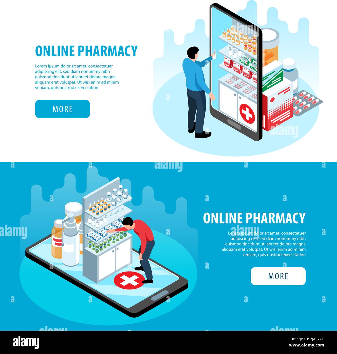 Isometric pharmacy set of horizontal banners with more buttons text and ...