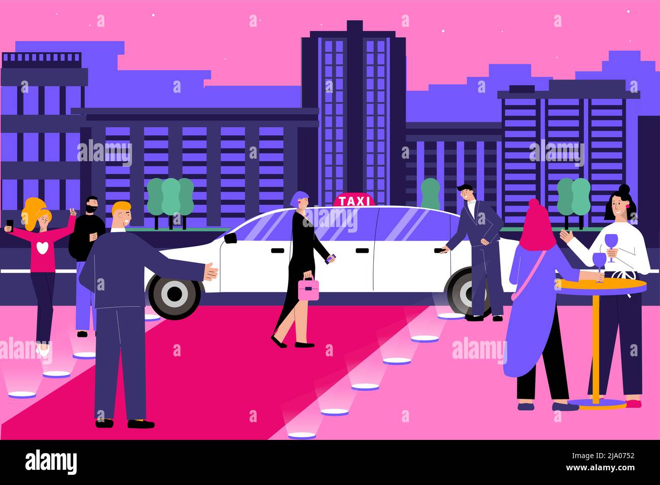 Vip taxi flat composition with evening cityscape scenery and red carpet ...