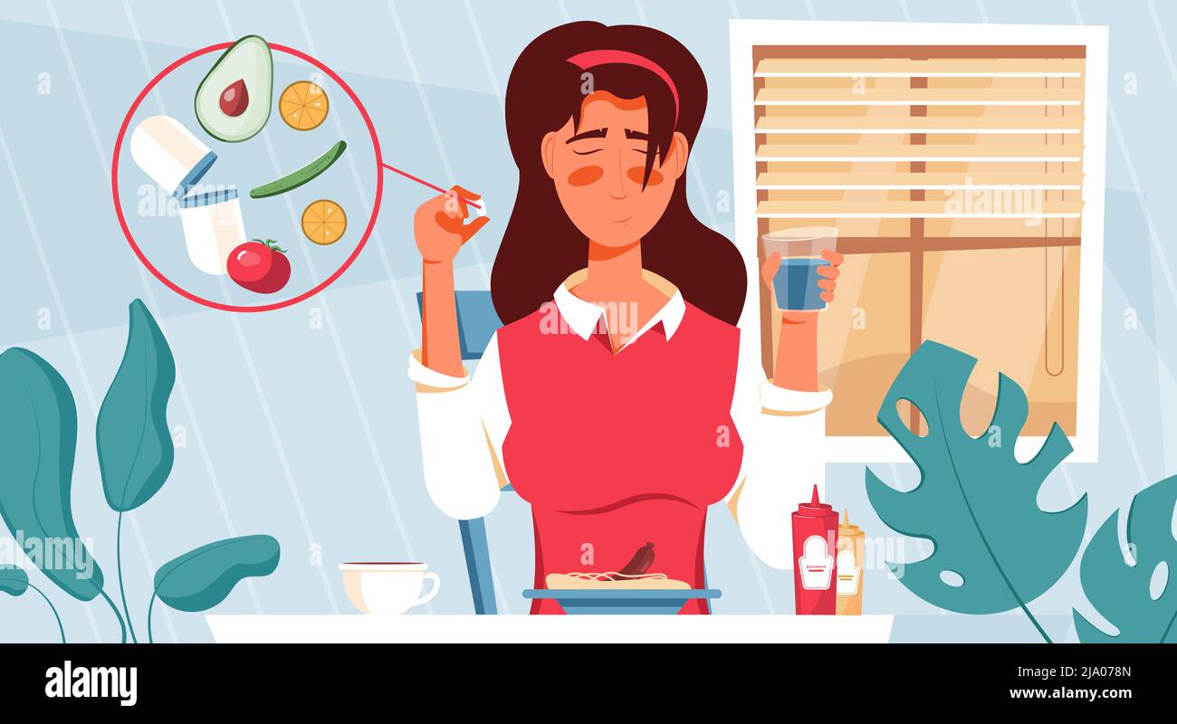 Vitamins pills flat composition with home scenery and character of ...