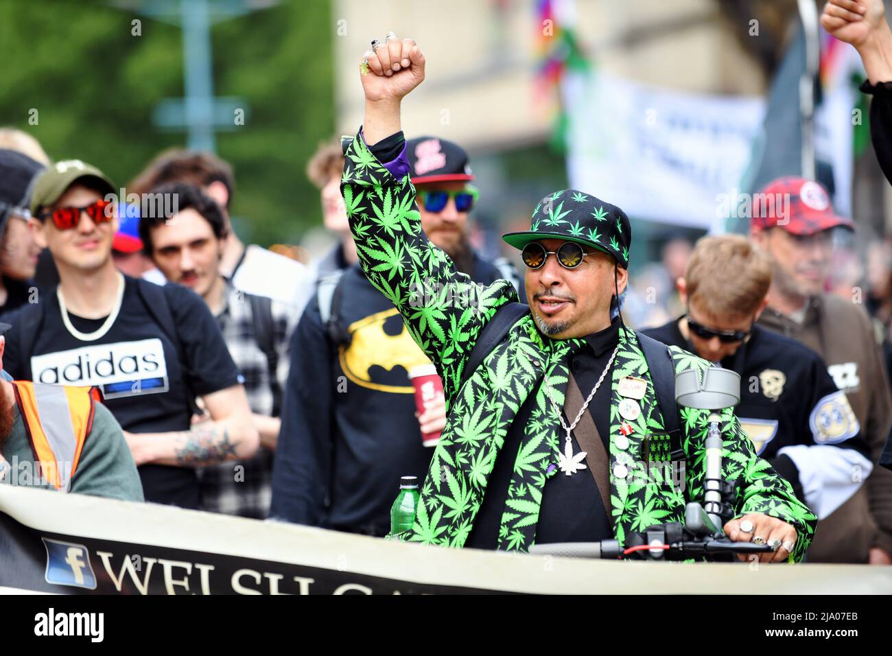 Global Cannabis March 10th Anniversary walk through Cardiff. Setting ...