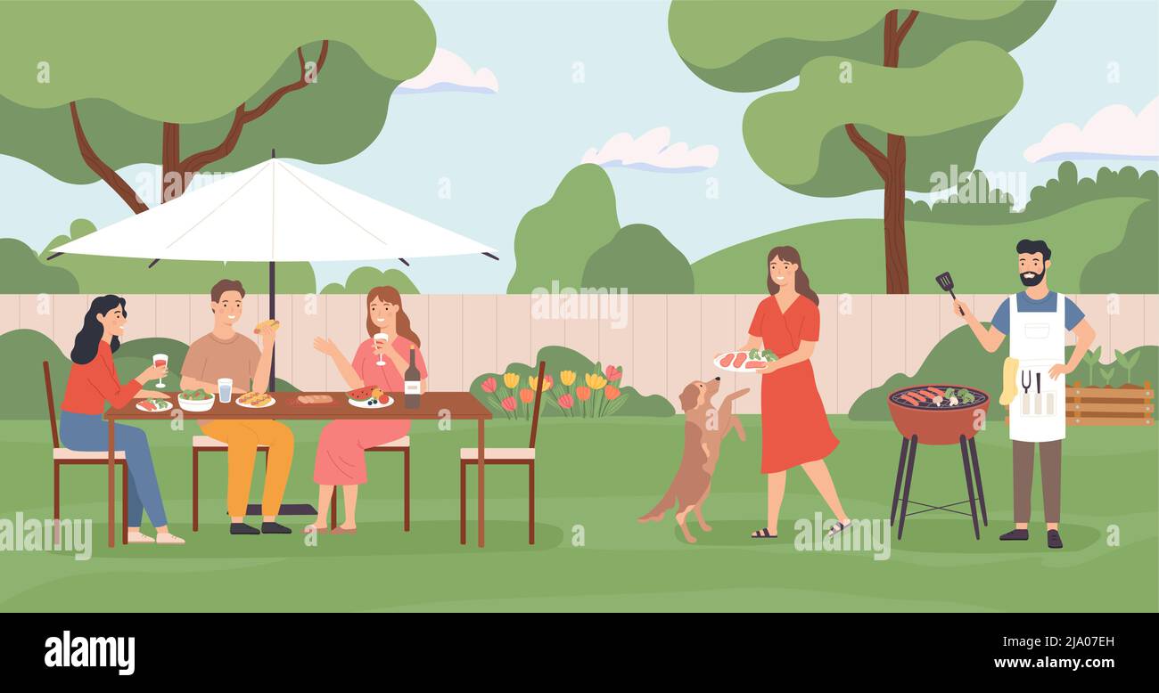 Friends enjoying party with barbecue on backyard Stock Vector Image ...