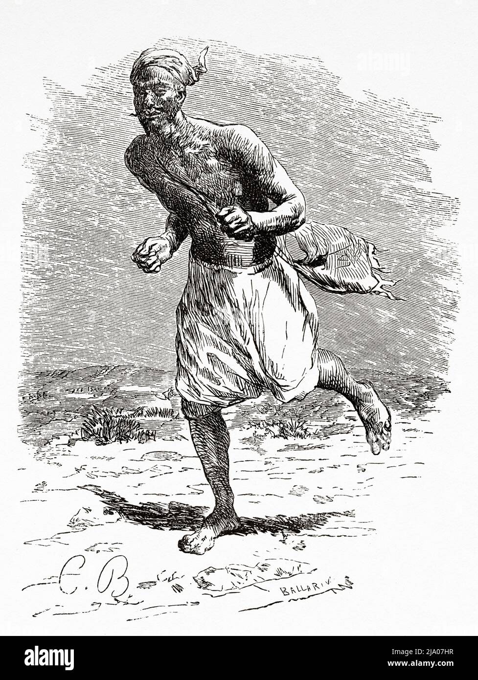 The postal service in Morocco in the 19th century. Man running to carry ...