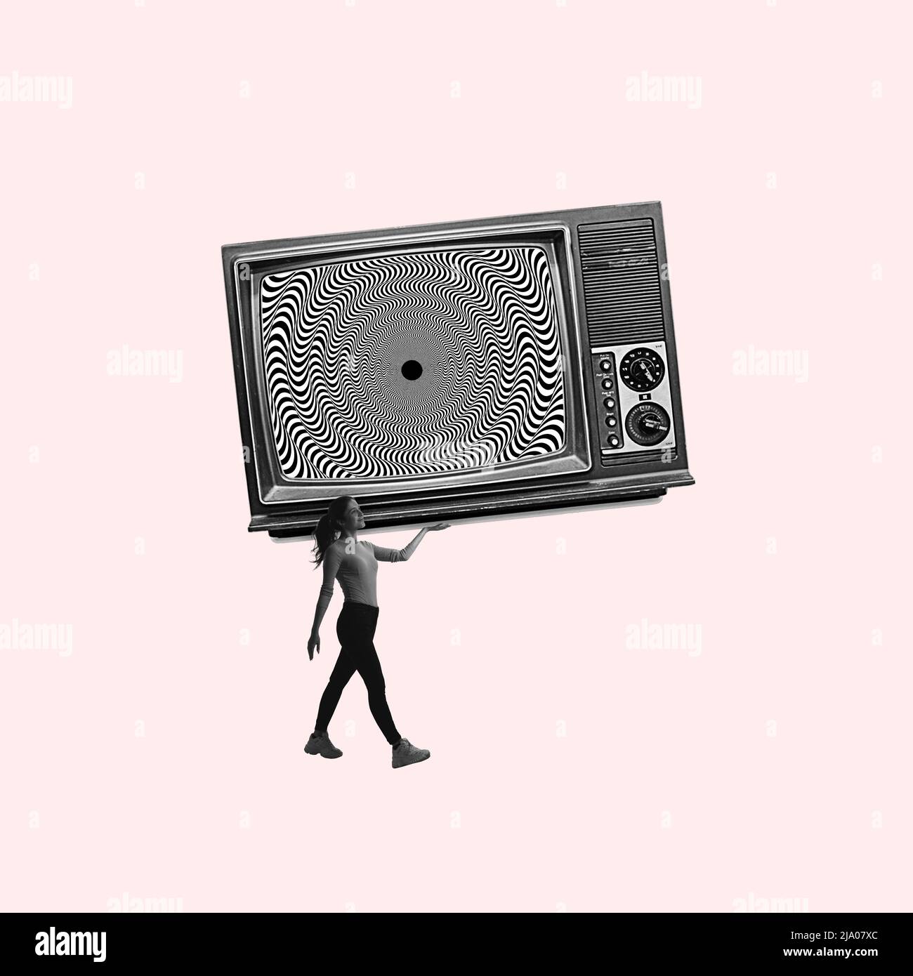 Tiny girl carrying huge retro tv set with pattern of optical illusion ...