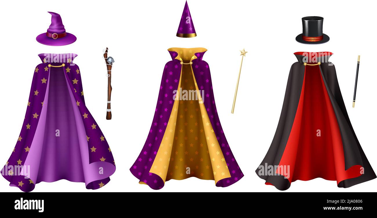 Magician clothes realistic set with isolated images of gowns with hats ...