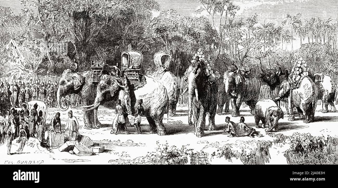 Departure of the elephant caravan from Champassak for the exploration ...