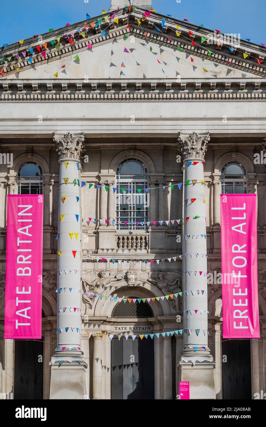 London, UK. 26 May 2022. Tate Britain's facade covered with bunting ...