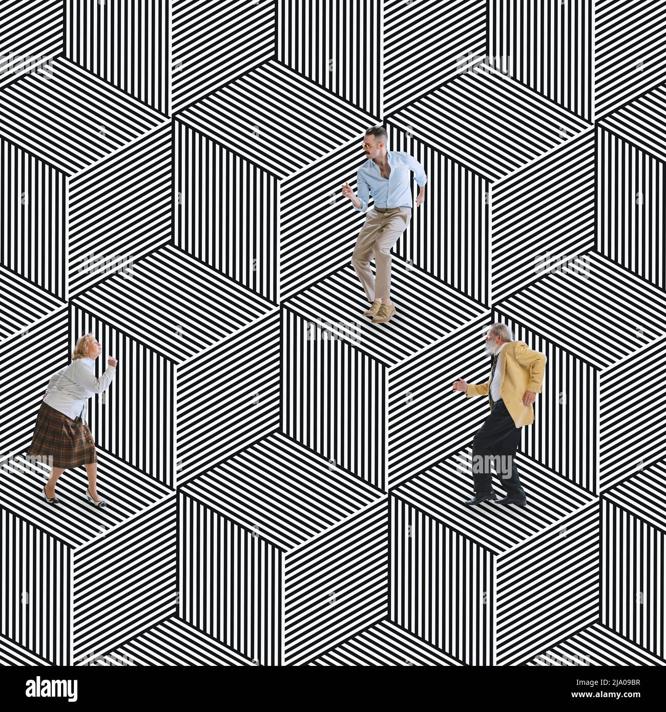 Three people dancing rock-and-roll isolated over black and white ...