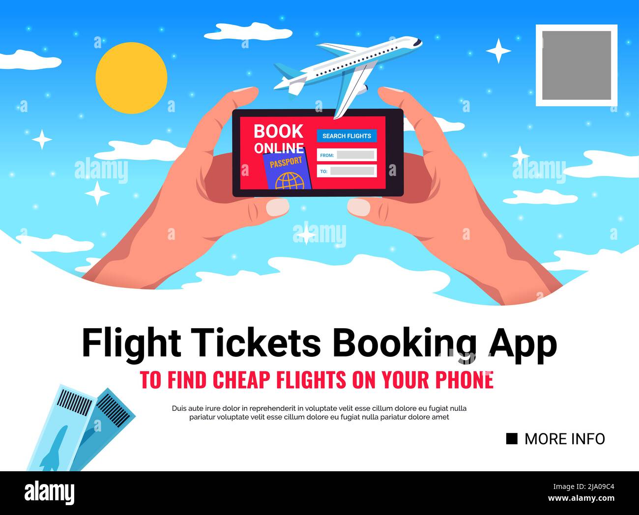 Hands with smartphone app booking background with sky clouds and ...