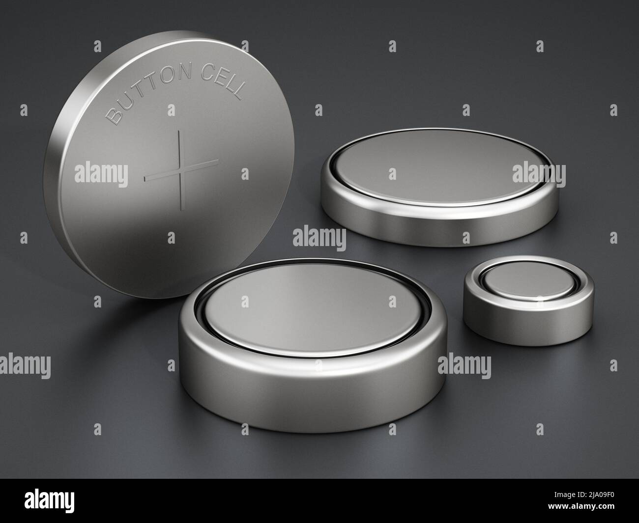 Group of button cells standing on black background. 3D illustration ...