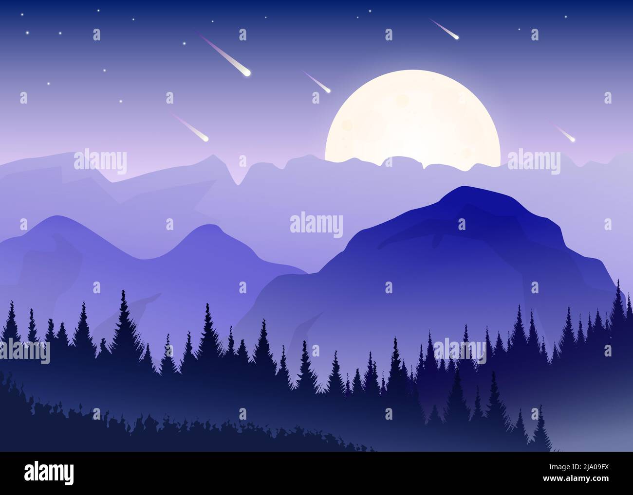 Minimalist landscape. Dark night forest, mountains, moon, shining stars ...