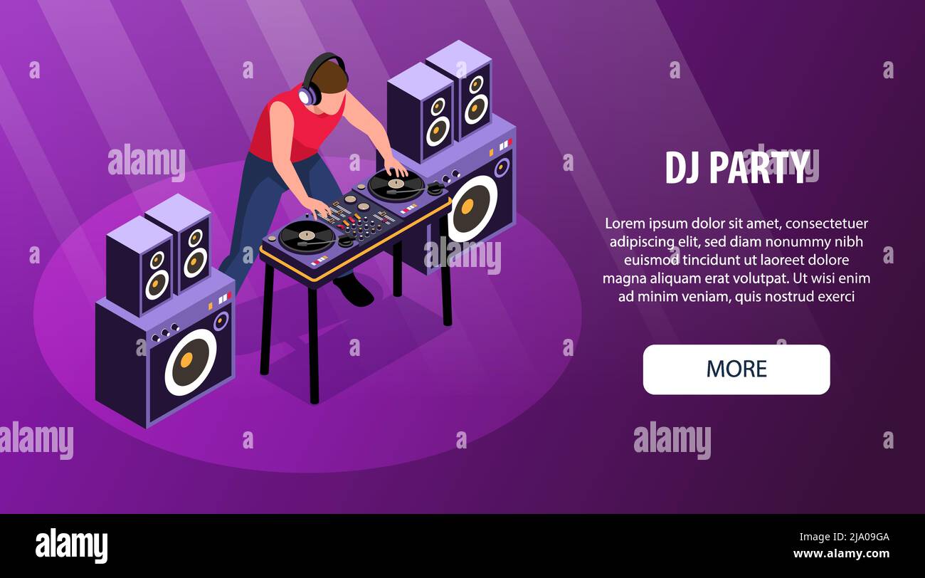 Isometric dj horizontal banner with editable text more button and ...