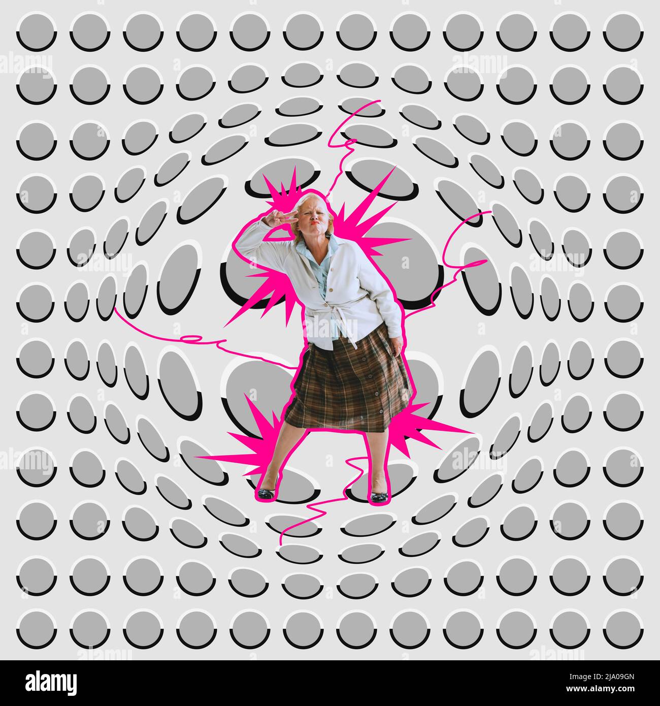 Senior woman in retro style clothes dancing over black and white ...