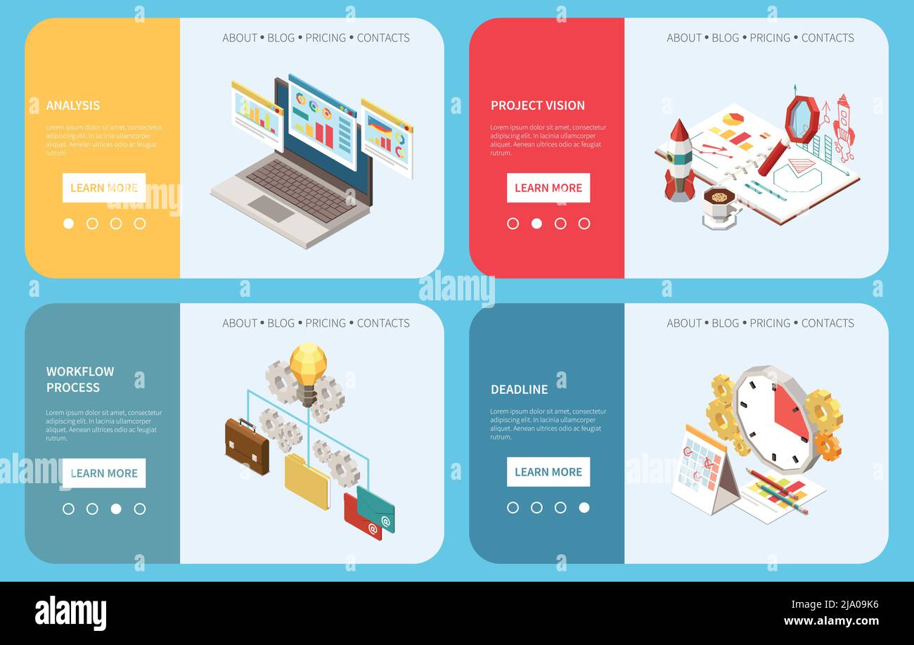 Project management isometric set of horizontal banners with icons text ...