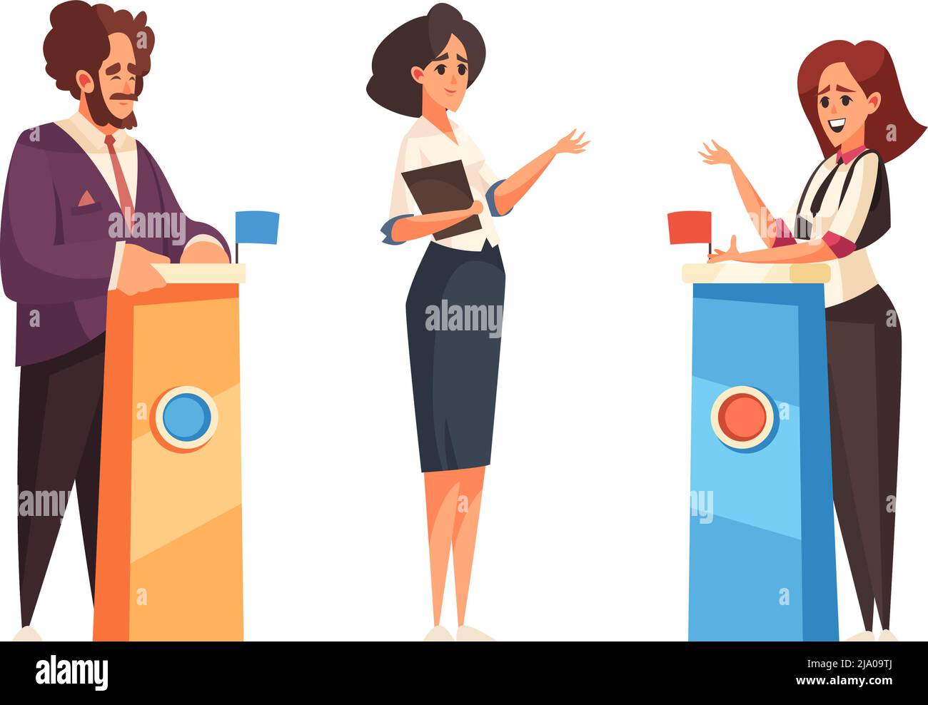 Political talk show composition with host and guests standing at their ...