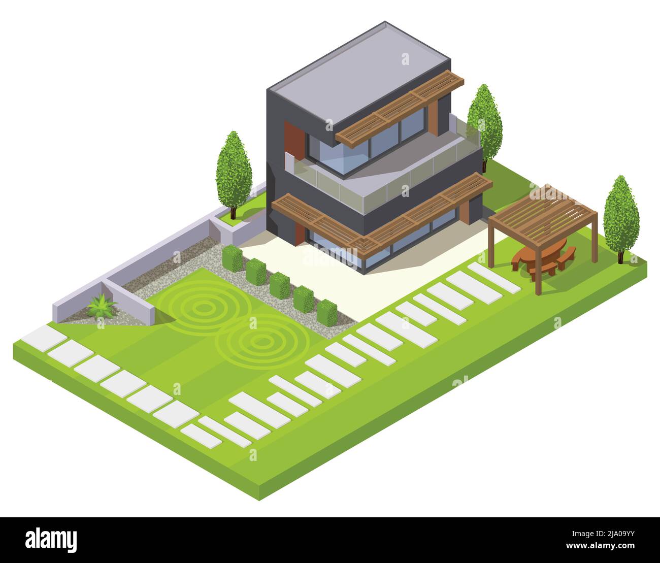 Landscape design isometric composition of residential yard with lawn ...