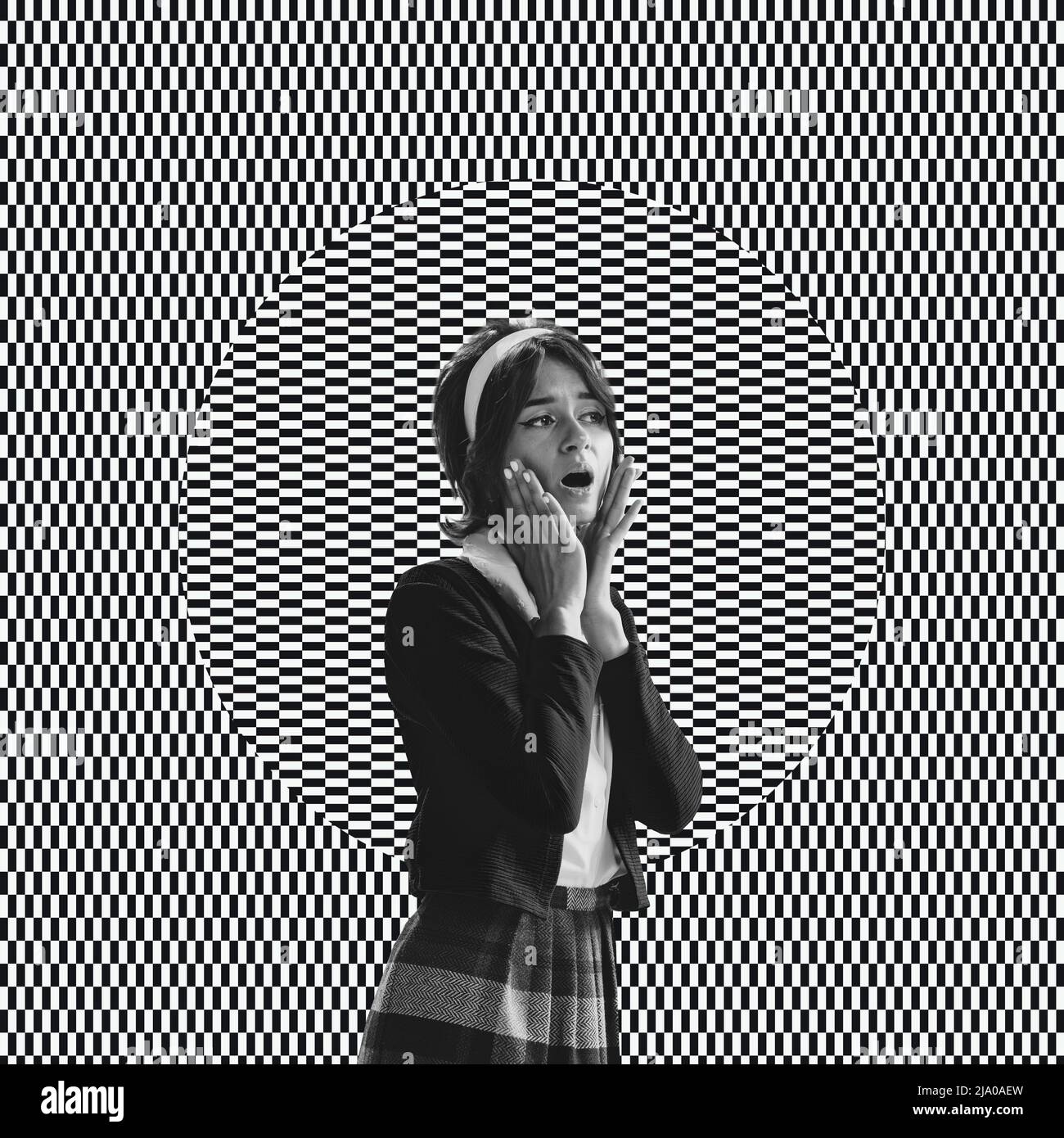 Young surprised woman over black and white optical illusion design ...