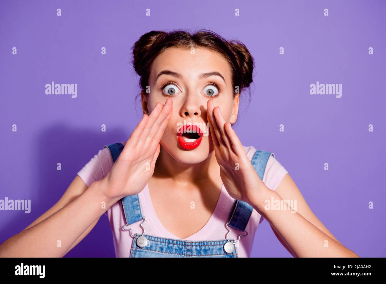 Portrait of impressed shocked person arms near open mouth tell stare ...
