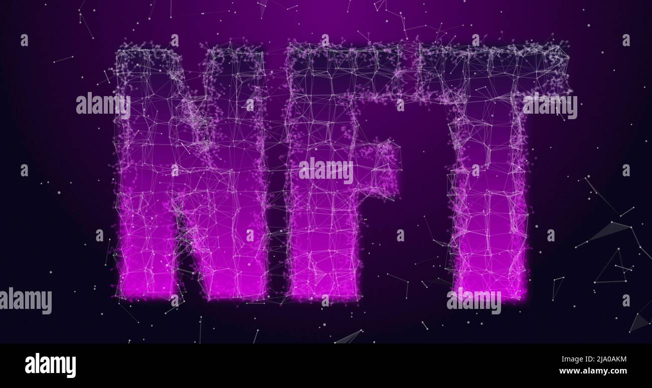 Image of purple nft text with connections over violet background Stock ...