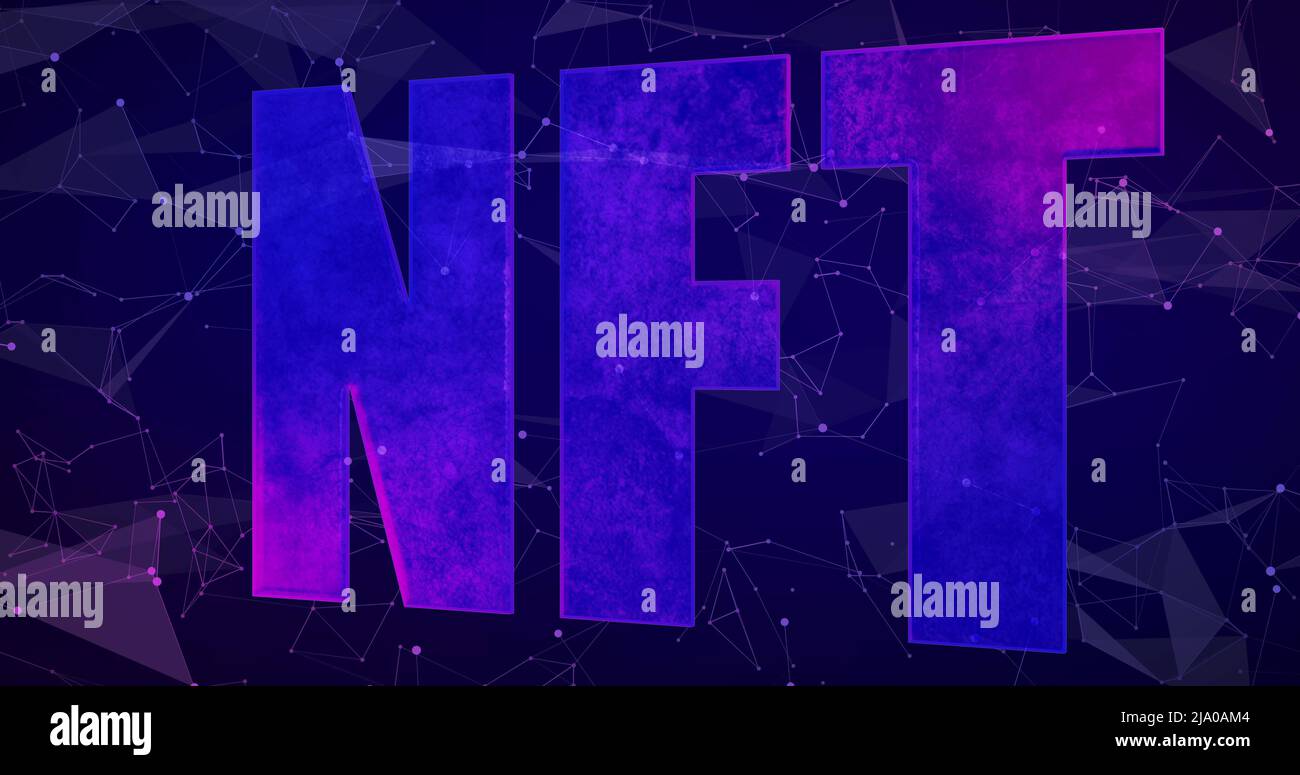 Image of purple nft text with connections over violet background Stock ...