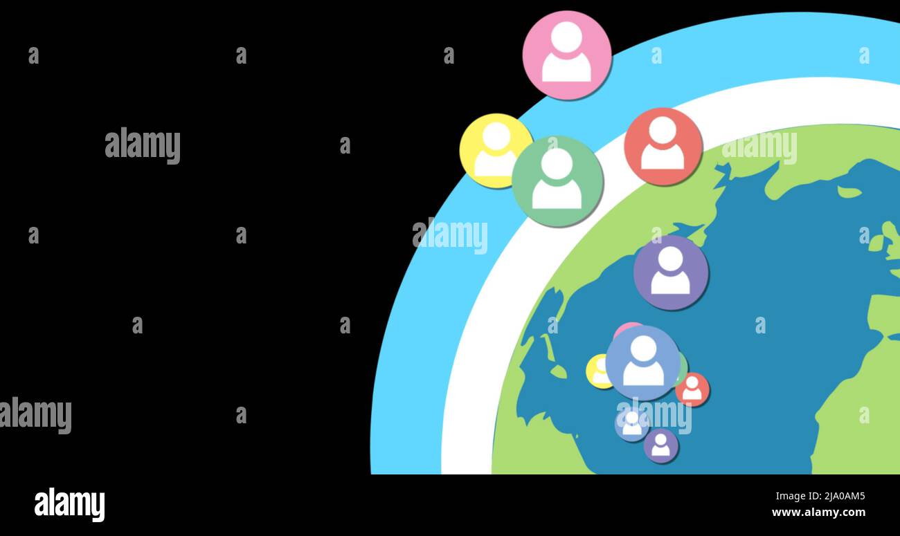 Image of user icons floating over globe on black background Stock Photo ...