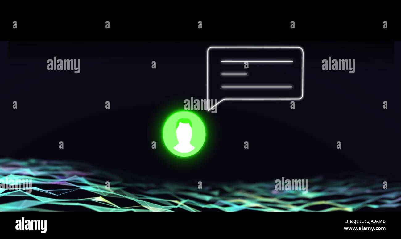 Image of shapes and social media alert with user icon over black ...