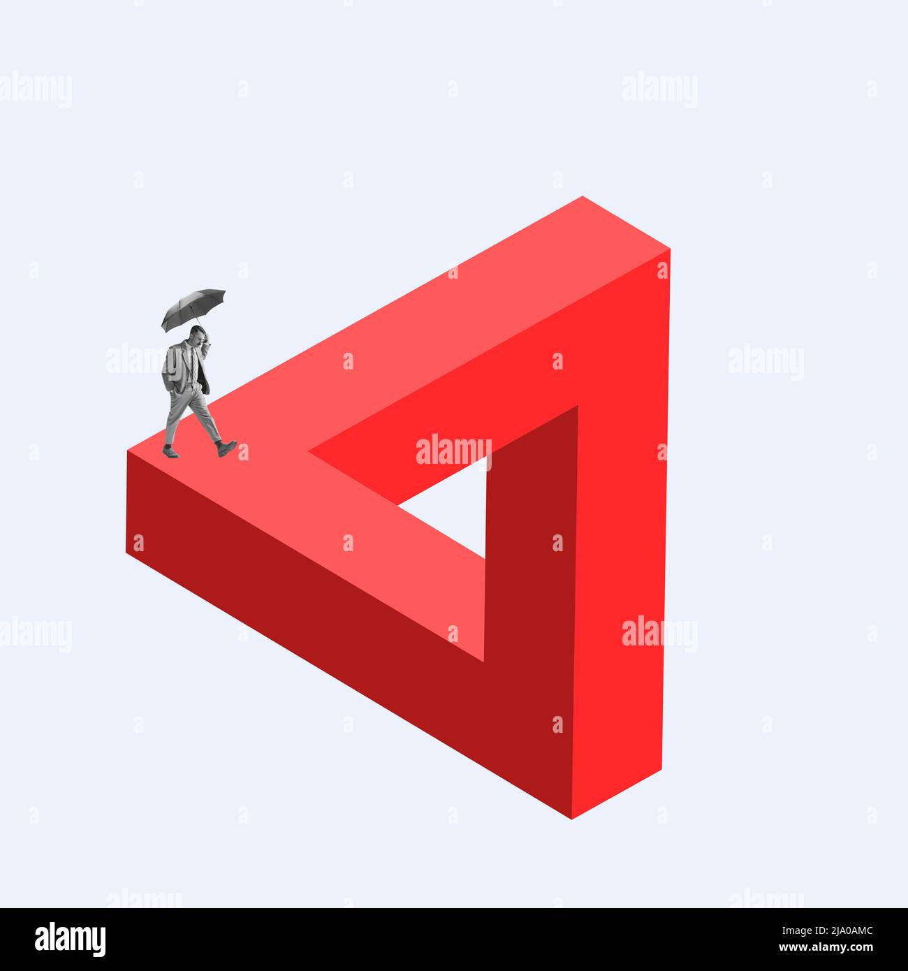 Young man, office clerk walking with umbrella on red optical illusion ...