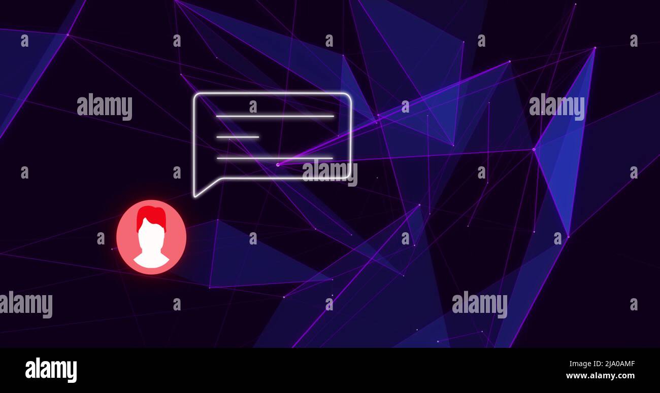 Image of violet shapes and social media alert with user icon over black ...