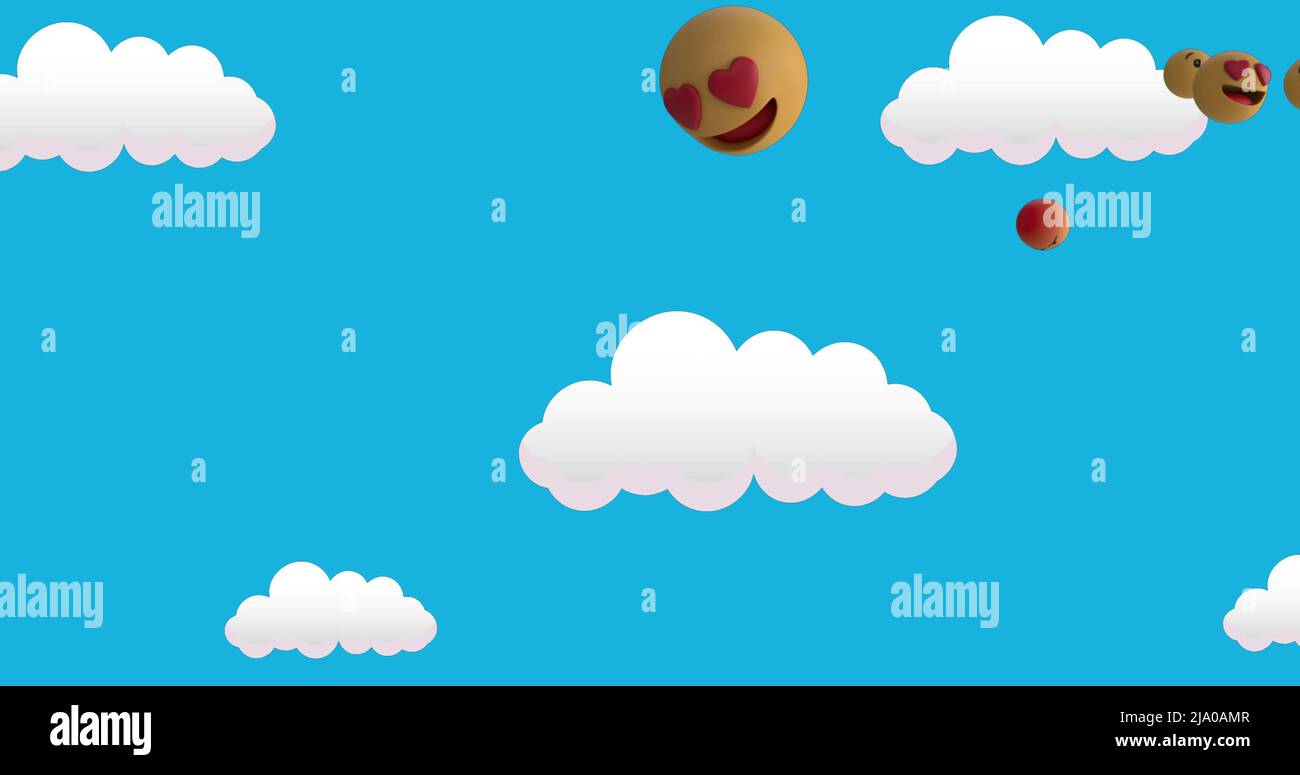 Image of emoticons floating over blue sky with clouds Stock Photo - Alamy
