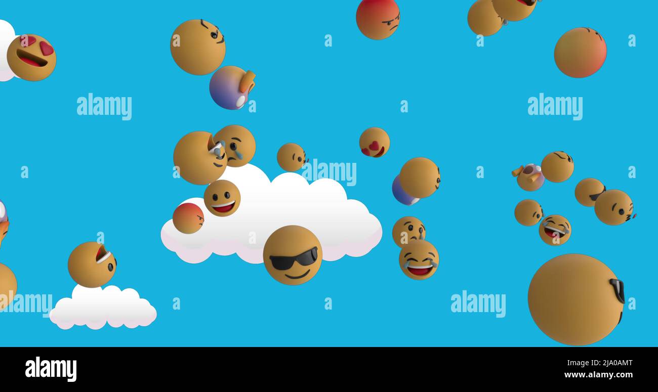 Image of emoticons floating over blue sky with clouds Stock Photo - Alamy
