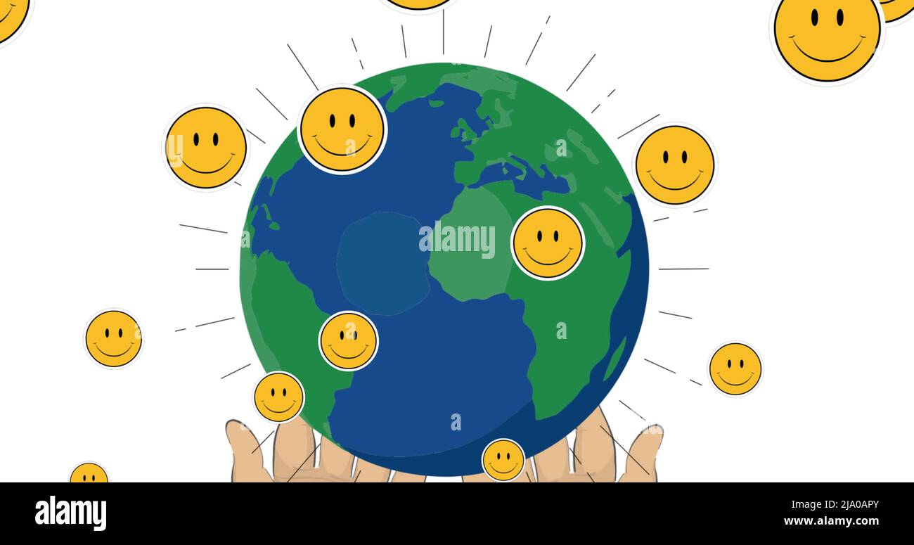 Image of smiling emoticons over hands holding globe on white background ...