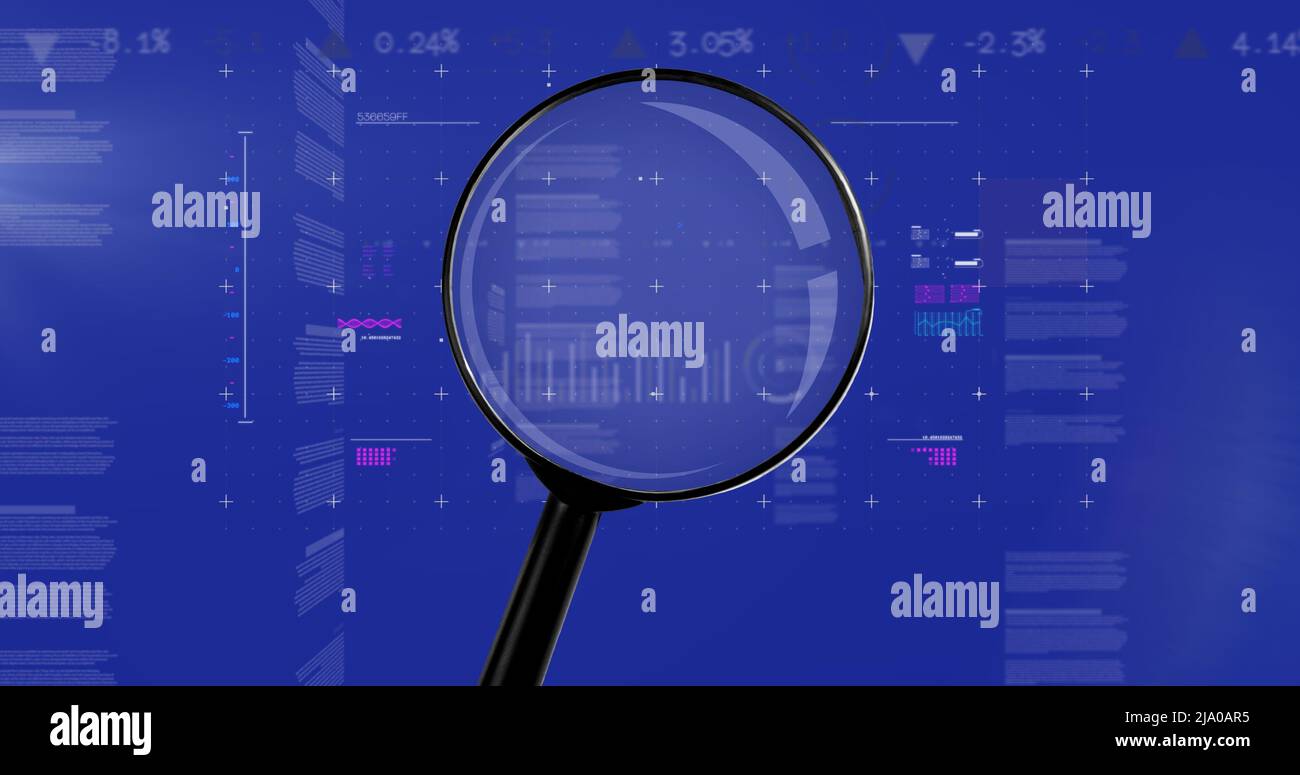 Image of financial data processing and magnifying glass over navy ...