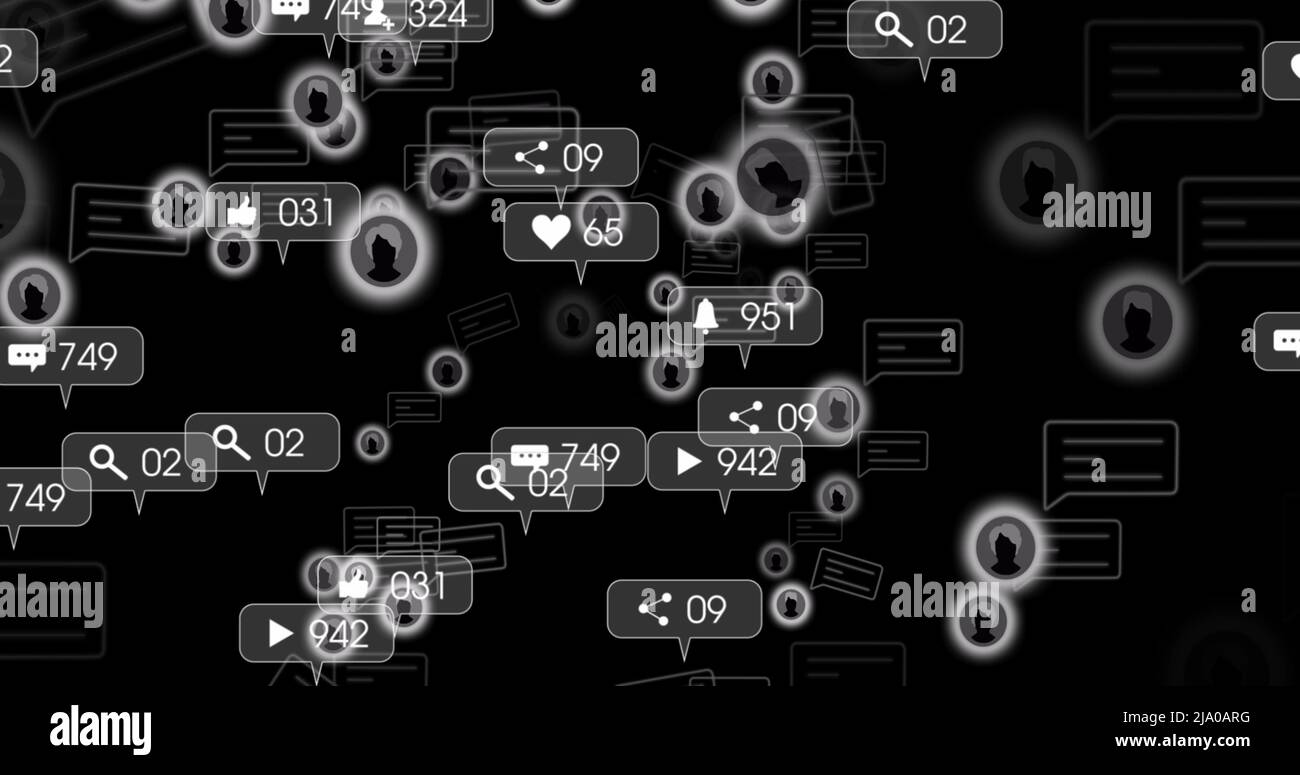 Image of user icons floating over black background with social media ...