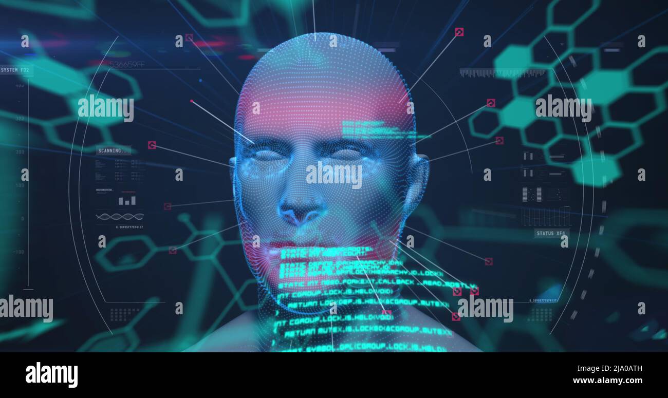 Image of digital head and data processing on black background Stock ...