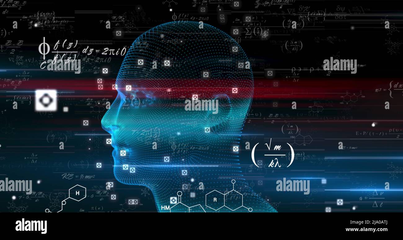 Image of digital head and mathematical equations on black background ...